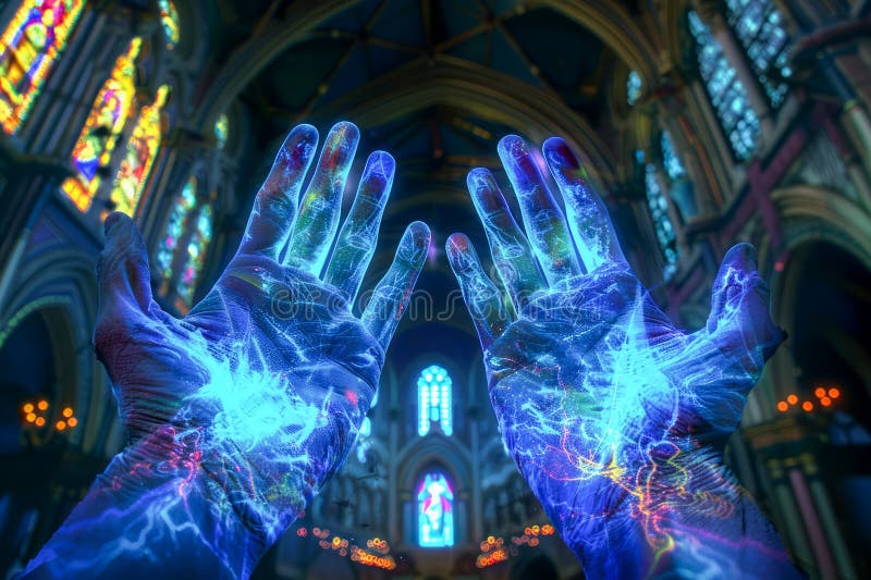 Surreal Glowing Hands with Electric Currents in Gothic Cathedral ...