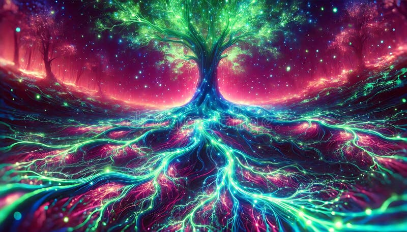 Surreal Glowing Tree Roots Spreading Across Vibrant Green Glowing Soil ...