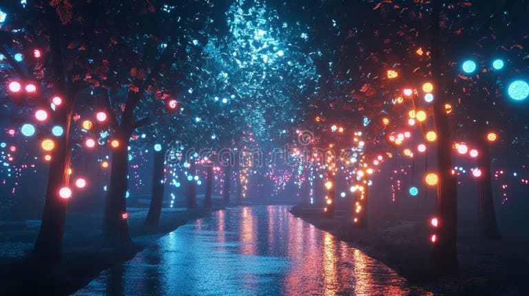 Surreal Glowing Trees with Distorted Lighting Effects at Night Stock ...