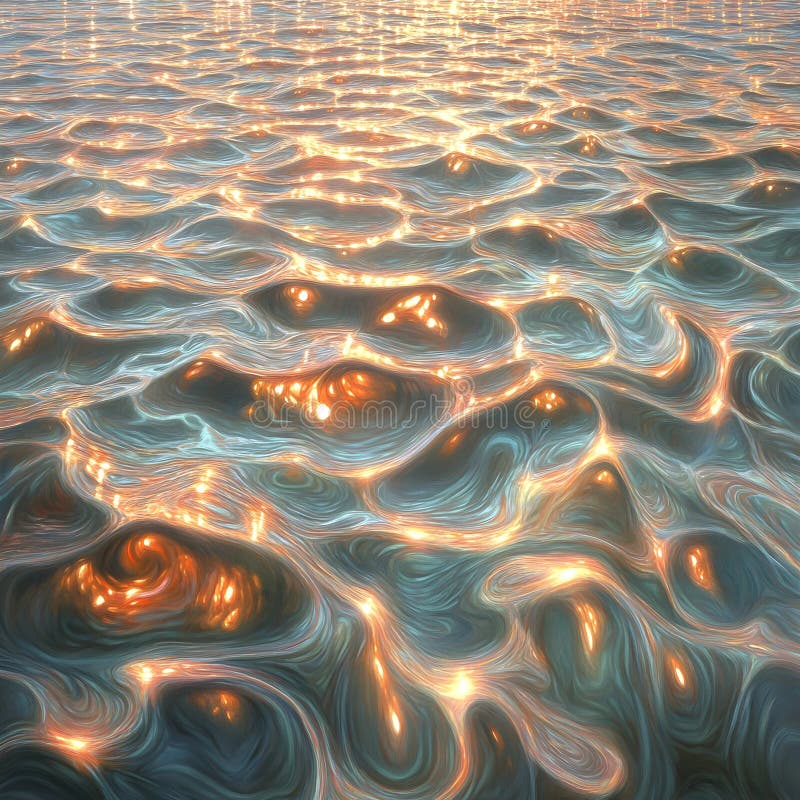 A Surreal, Glowing Water Surface with Swirling Patterns of Golden Light ...