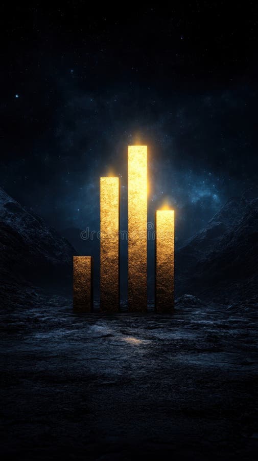 Surreal Golden Bar Graph Rising in Dark, Starry Landscape Stock ...