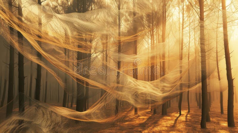 Surreal Golden Forest with Flowing Fabric Elements Stock Image - Image ...
