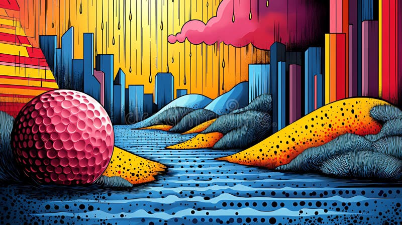 Surreal Golf Ball on Beach, Vibrant City Backdrop, Art Stock ...