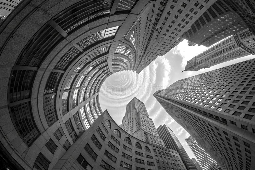 A Surreal Grayscale Cityscape with a Distorted Spatial Perspective. the ...