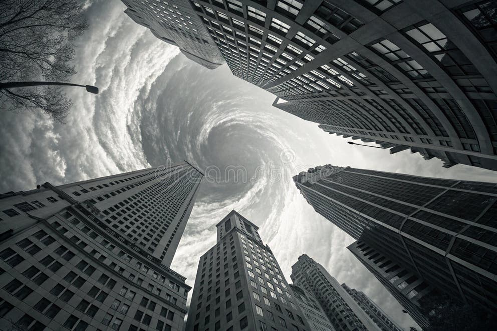 A Surreal Grayscale Cityscape with a Distorted Spatial Perspective. the ...