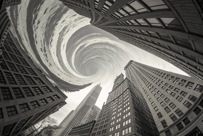 A Surreal Grayscale Cityscape with a Distorted Spatial Perspective. the ...