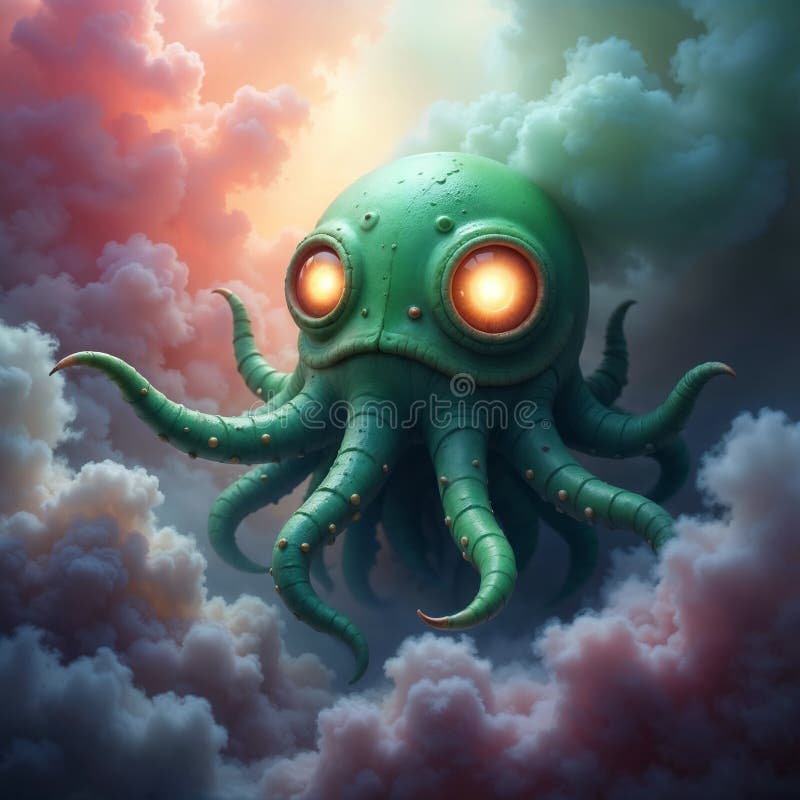 Surreal Green Octopus Creature in Pastel Clouds Stock Illustration ...