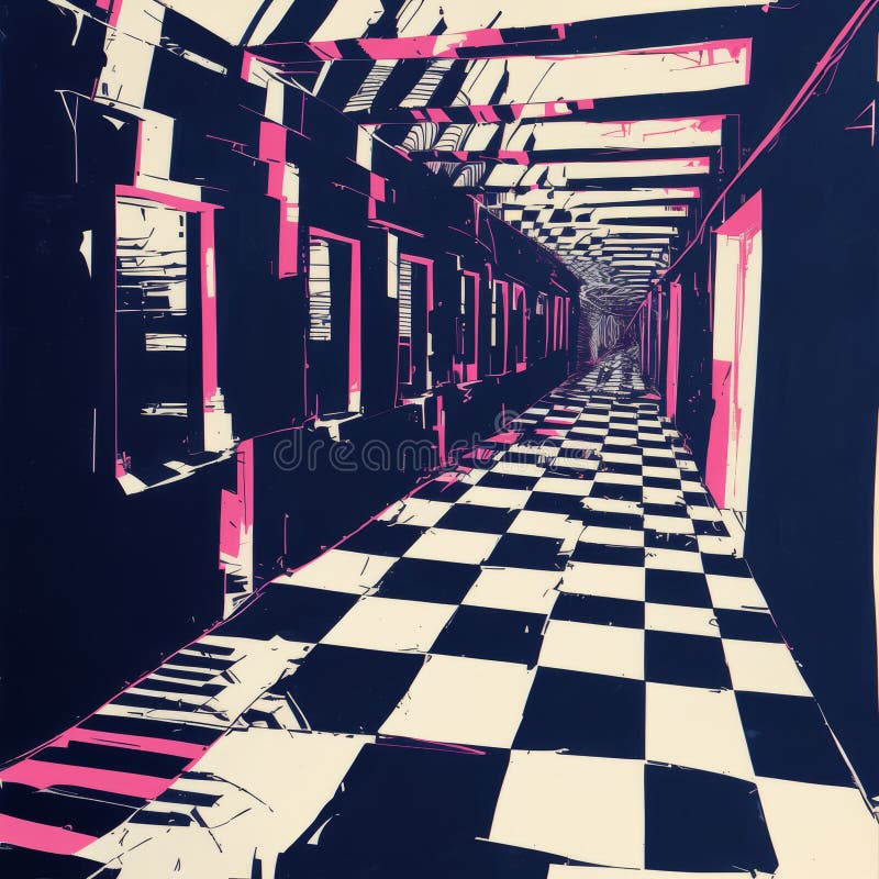 Surreal Hallway with Bold Patterns and Vibrant High-contrast Colors ...