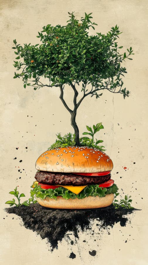 Surreal Hamburger Emerging from Ground with Growing Tree Stock ...