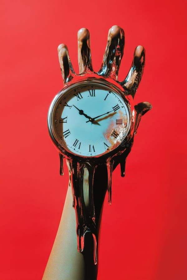 Surreal Hand Holding Melting Clock with Roman Numerals on Red ...