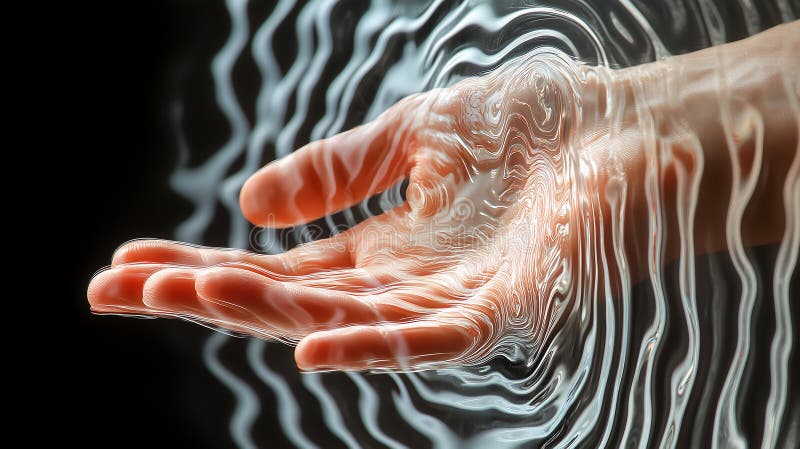 Surreal Hand with Reflective Distortion and Fluid-like Ripple Effects ...