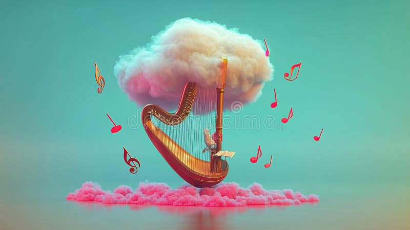Surreal Harp in Cloud with Musical Notes Dreamy Artistic Composition AI ...