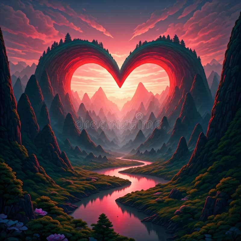 Surreal Heart-shaped Mountain Landscape at Sunset with Serene River ...