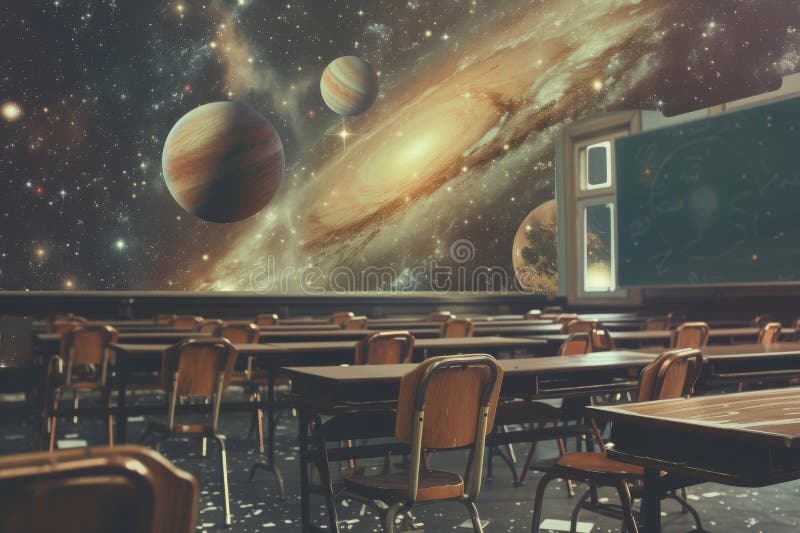 Surreal High School Classroom in Outer Space Stock Illustration ...