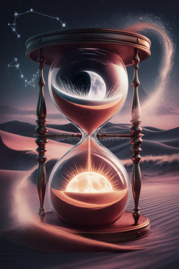 Surreal Hourglass with Cosmic Sand on Desert Background Under Starry ...