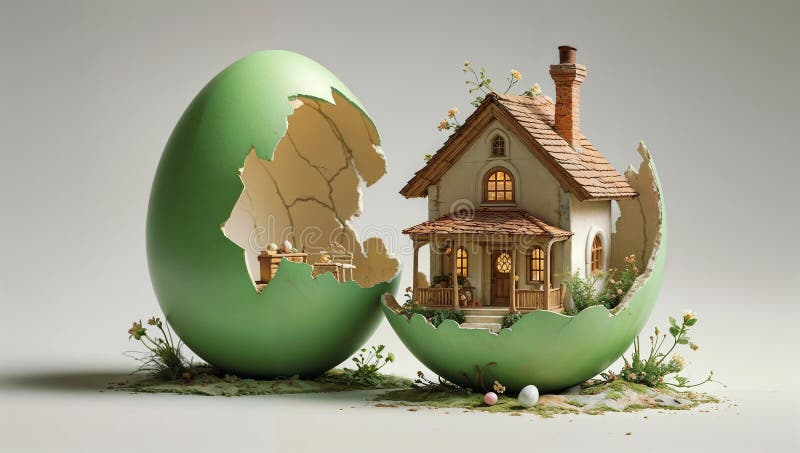 Surreal House Emerging from Cracked Green Egg Stock Illustration ...