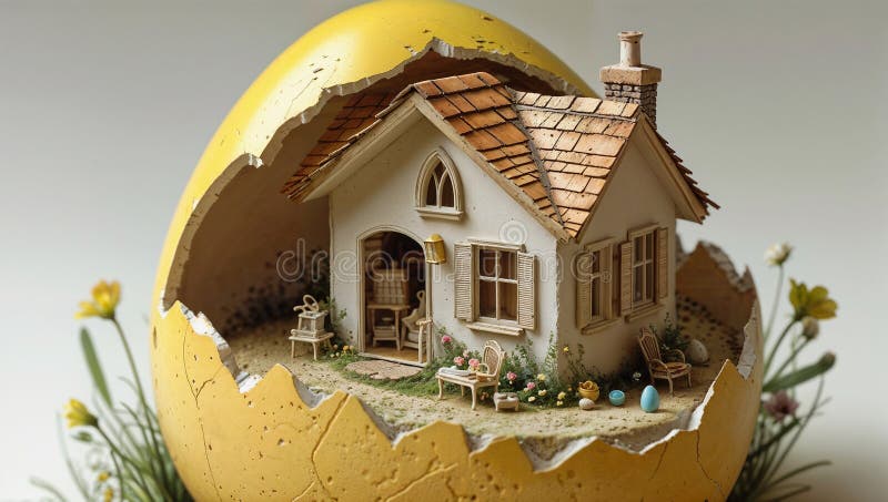 Surreal House Emerging from Cracked Yellow Egg Stock Illustration ...
