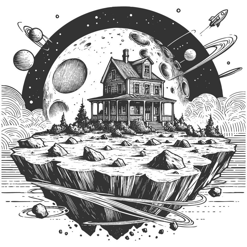 Surreal House on Floating Asteroid in Space Vector Stock Photo - Image ...