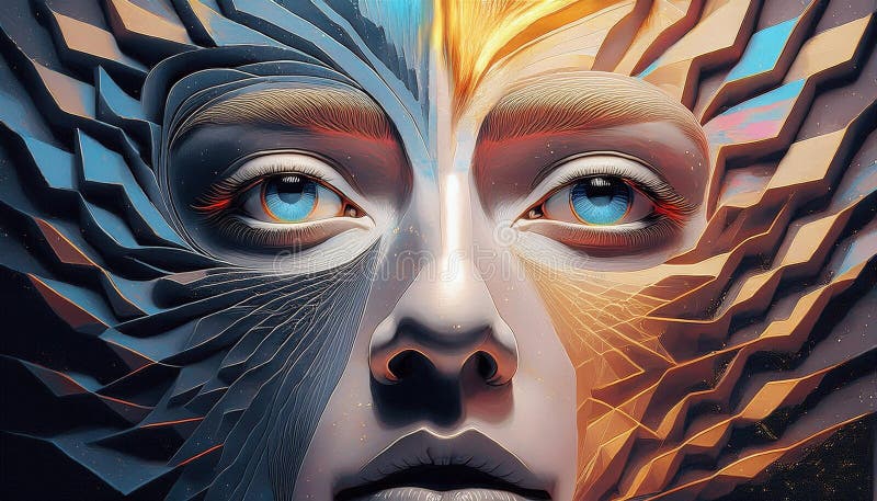 A Surreal Human or Android Face Covered with Geometric Polygons ...