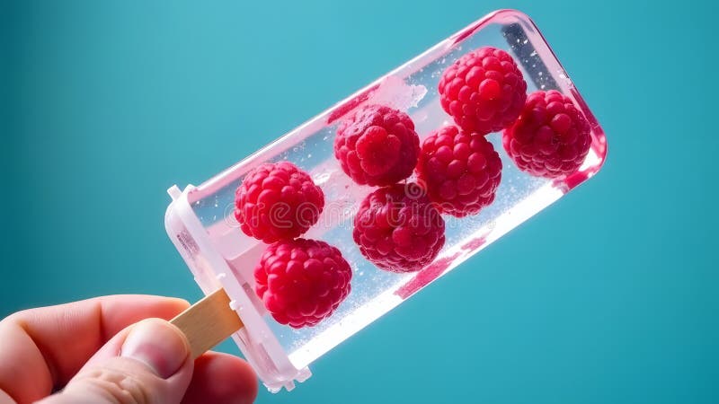 Surreal Ice Popsicle with Juicy Raspberries Inside on a Blue Background ...