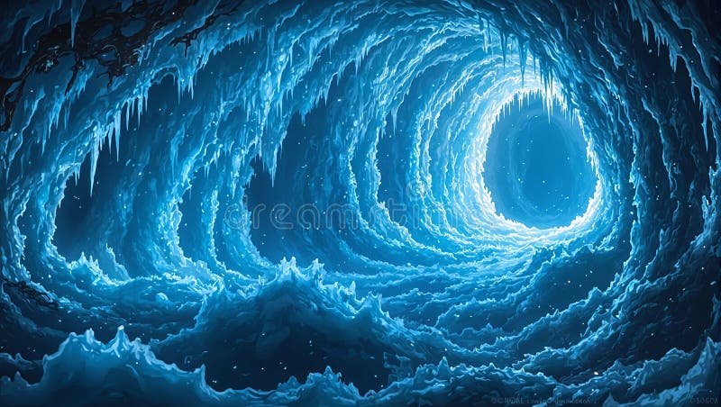 Surreal Icy Cave with Glowing Frost Patterns and Blue Light Stock Illustration - Illustration of ...