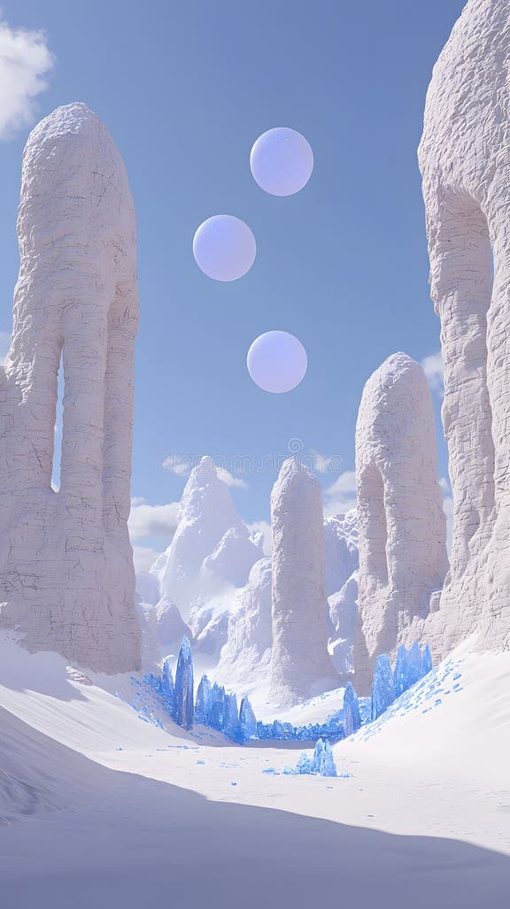 Surreal Icy Landscape with Floating Spheres Stock Illustration ...