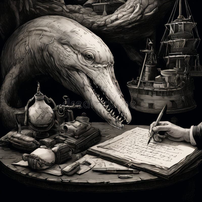 Surreal Illustration of Ancient Creature and Maritime Artifacts Stock ...