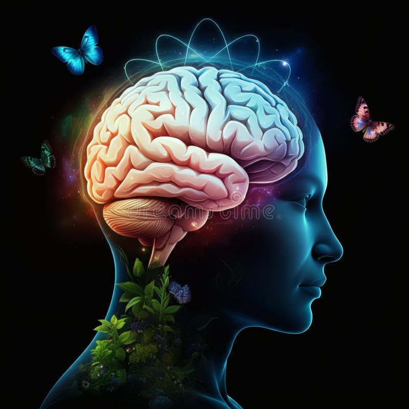 Digital Artwork of a Glowing Human Brain with Energy Waves, Butterflies ...