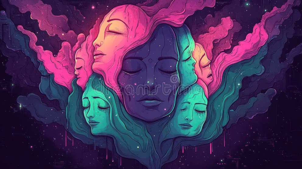 A Surreal Illustration Featuring Multiple Serene Faces Intertwined with ...