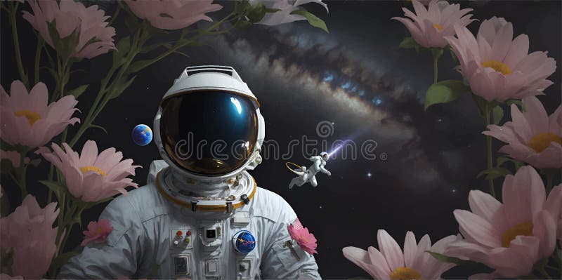 Surreal Illustration of Spaceman with Flowers Stock Illustration ...
