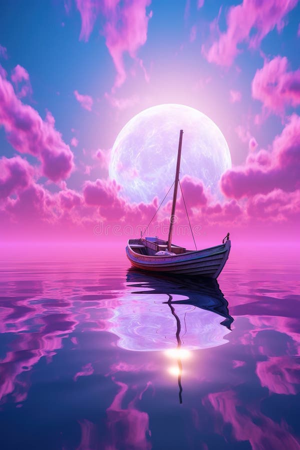 Surreal Image of Boat in Water Under Pink Full Moon Stock Illustration ...