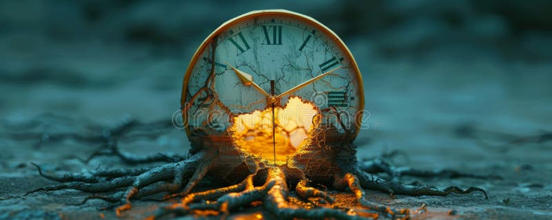 Surreal Image of a Broken Clock with Glowing Center and Tree Roots in a ...