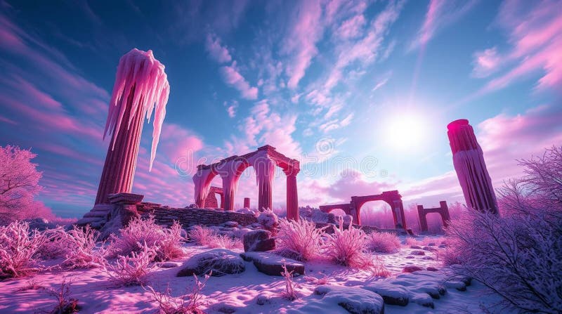Surreal Winter Ruins at Sunrise Generated Stock Illustration ...