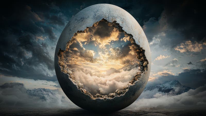 Surreal Image of a Cracked Egg with a Sky Filled with Clouds and ...
