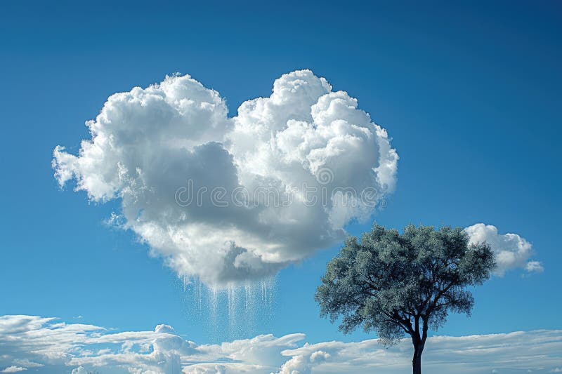 Heart-Shaped Cloud Raining on a Lonely Tree Under a Vivid Blue Sky ...