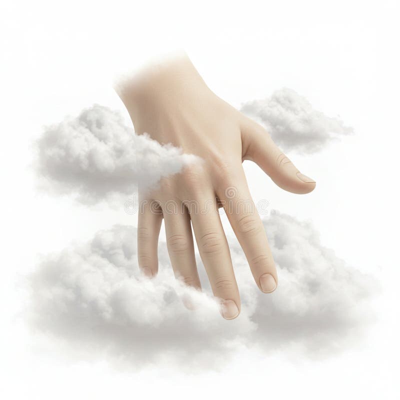 A Surreal Image Featuring a Human Hand Emerging from Fluffy Clouds Against a Plain Stock ...