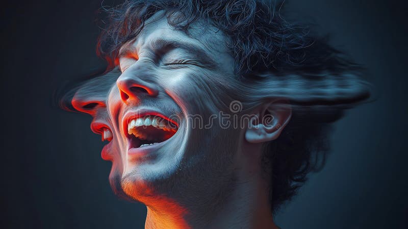 Surreal Portrait of a Man with a Distorted Laughing Face, Split by ...
