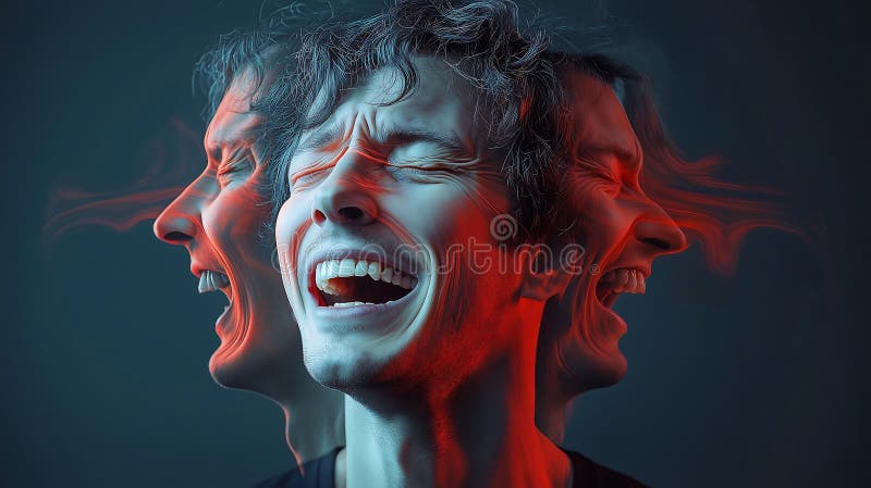 Surreal Portrait of a Man with a Distorted Laughing Face, Split by ...