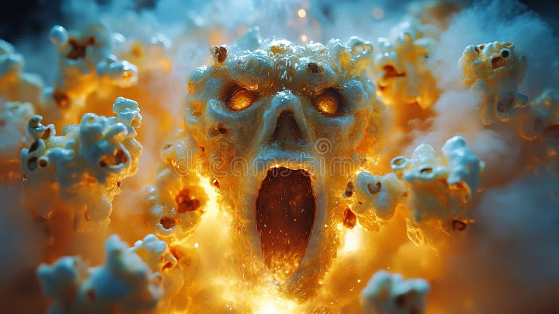 Popcorn Skull Emerging from Popcorn Burst with Glowing Effect Stock ...
