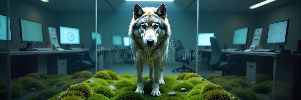 Wolf Standing in a Modern Office with Green Moss, Surreal Concept. Back ...