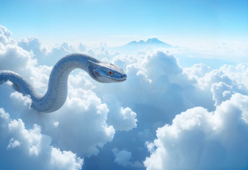 Surreal Image of a Giant Snake Slithering through Fluffy Clouds Under a ...