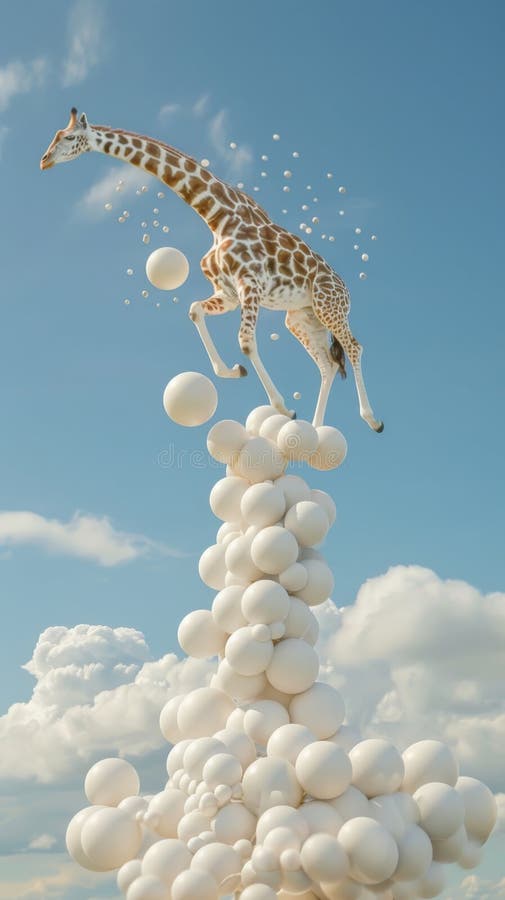 Surreal Image of a Giraffe Floating on White Balloons Against a Blue ...