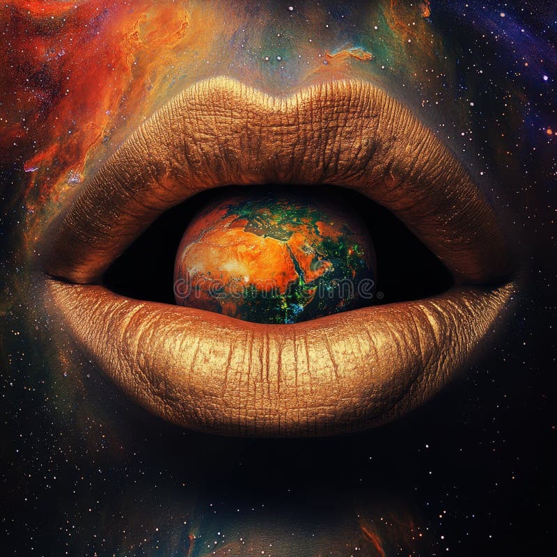 Cosmic Lips Holding Earth, Surreal Planetary Vision Stock Photo - Image ...