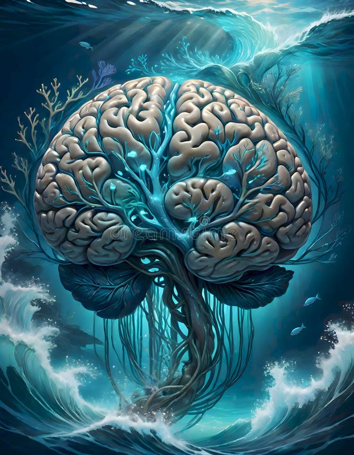 Surreal Image of a Human Brain Integrated with Underwater Elements Like ...