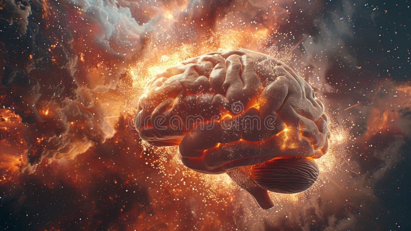 Surreal Image of a Human Brain in Space with a Fiery Explosion ...