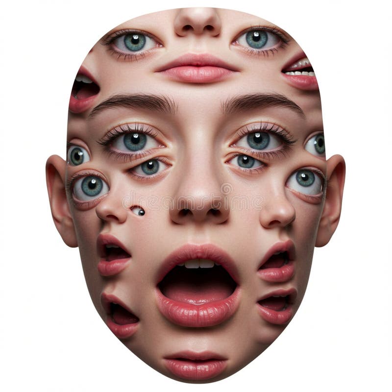 A Surreal Image of a Human Face with Multiple Sets of Eyes and Mouths ...