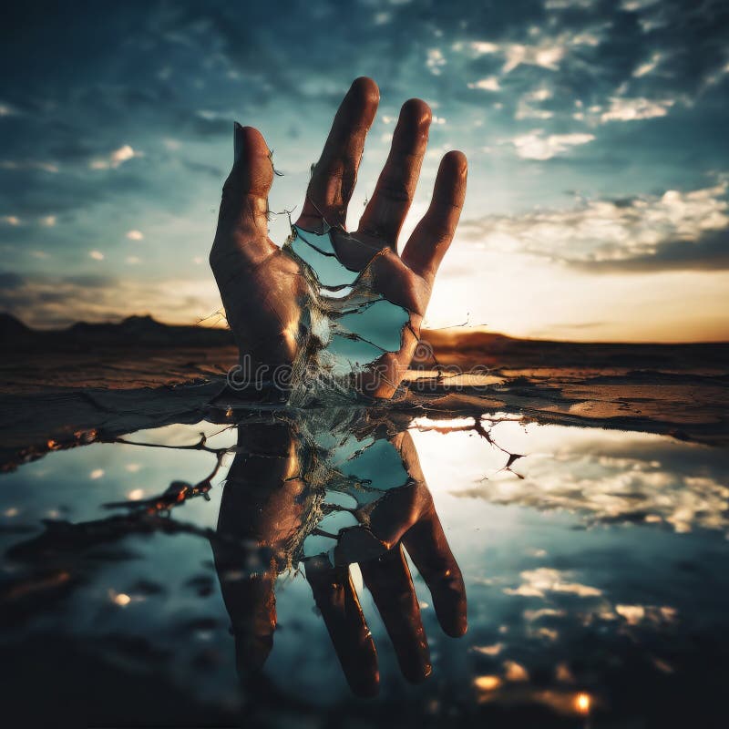 Surreal Hand Emerging from Water at Sunset Stock Photo - Image of hand ...