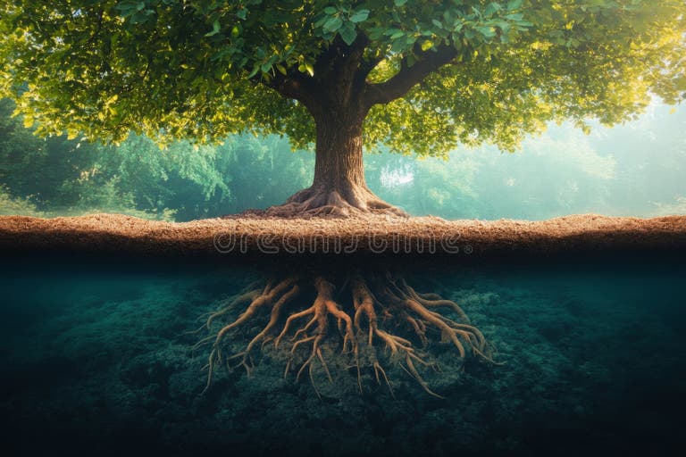 Surreal Image of a Large Tree with Its Roots Visible Both Above and ...