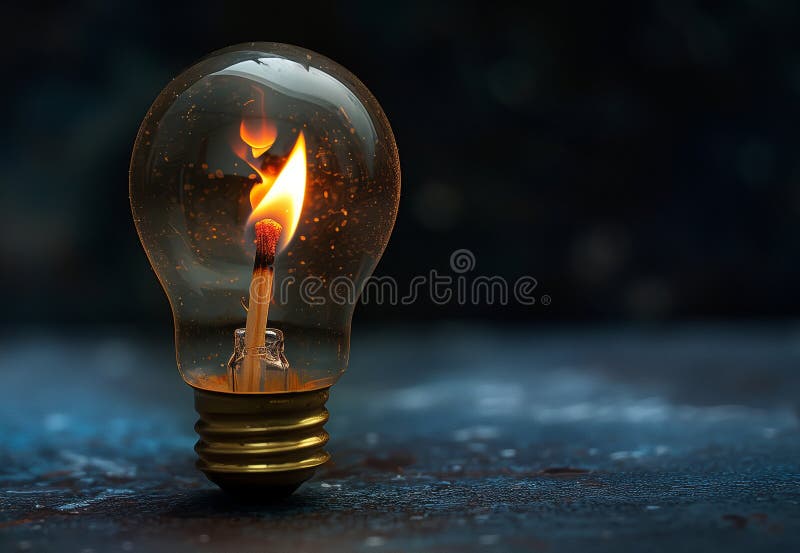 Surreal Image of Light Bulb with Single Burning Matchstick Inside on ...