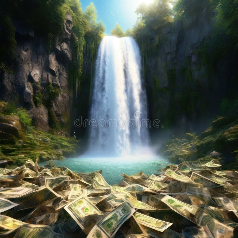 Lush Waterfall Cascading into a Pool of Overflowing Dollar Bills Stock ...